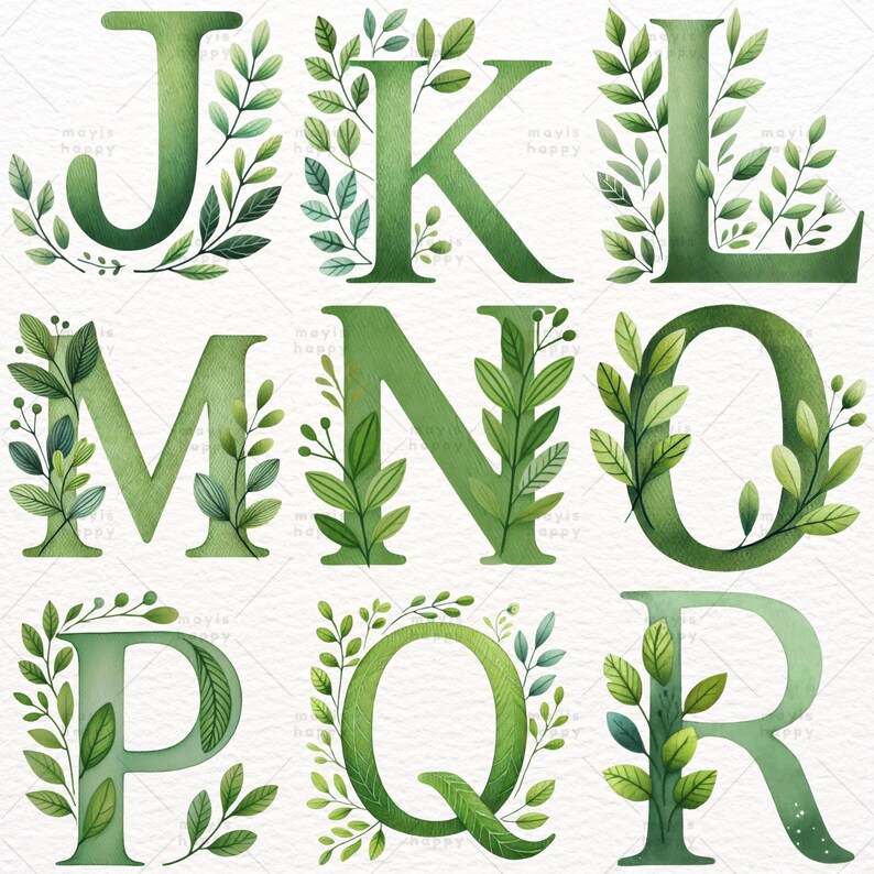 Greenery Alphabet, Leaves Alphabet, Greenery Clipart, Leaves Clipart ...
