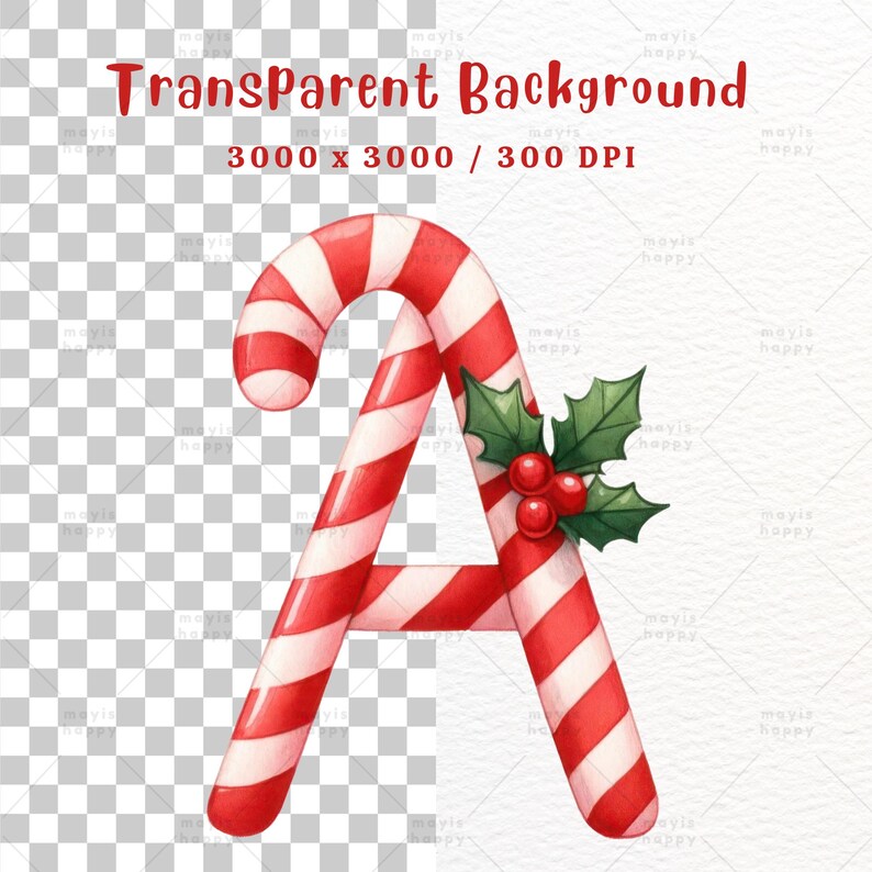 Candy Cane Watercolor Alphabet Clipart: Christmas PNG (digital Download ...