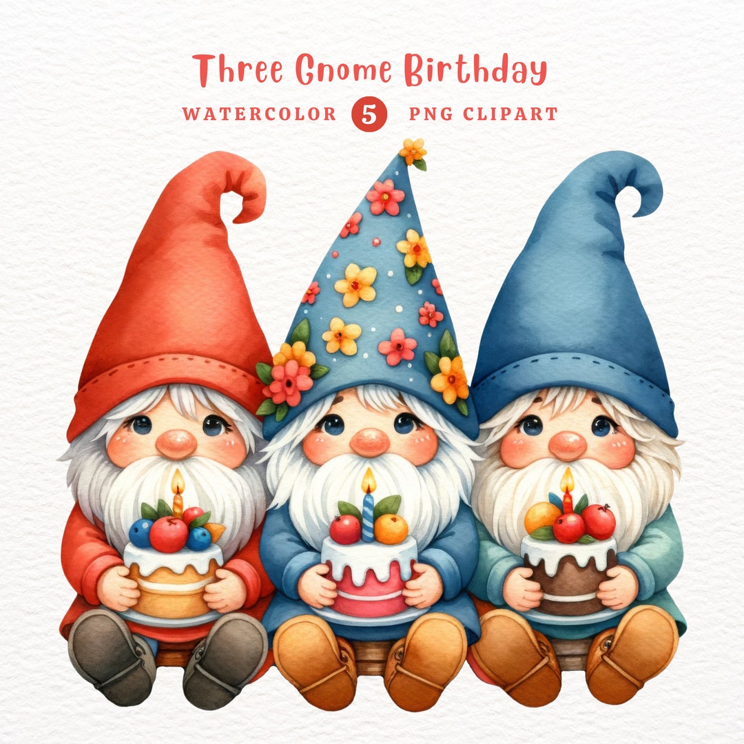 Watercolor Gnome Birthday Clipart: Kids PNG Bundle (digital Download ...