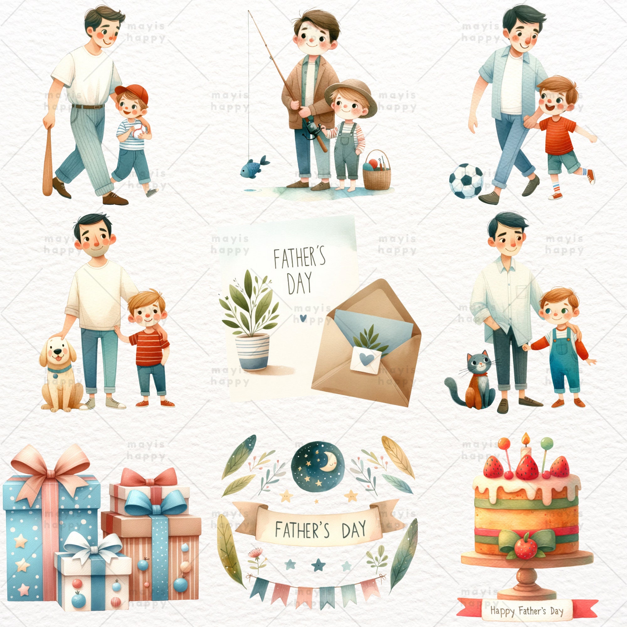 Dad and Son Watercolor Clipart: Father's Day PNG Bundle (digital ...
