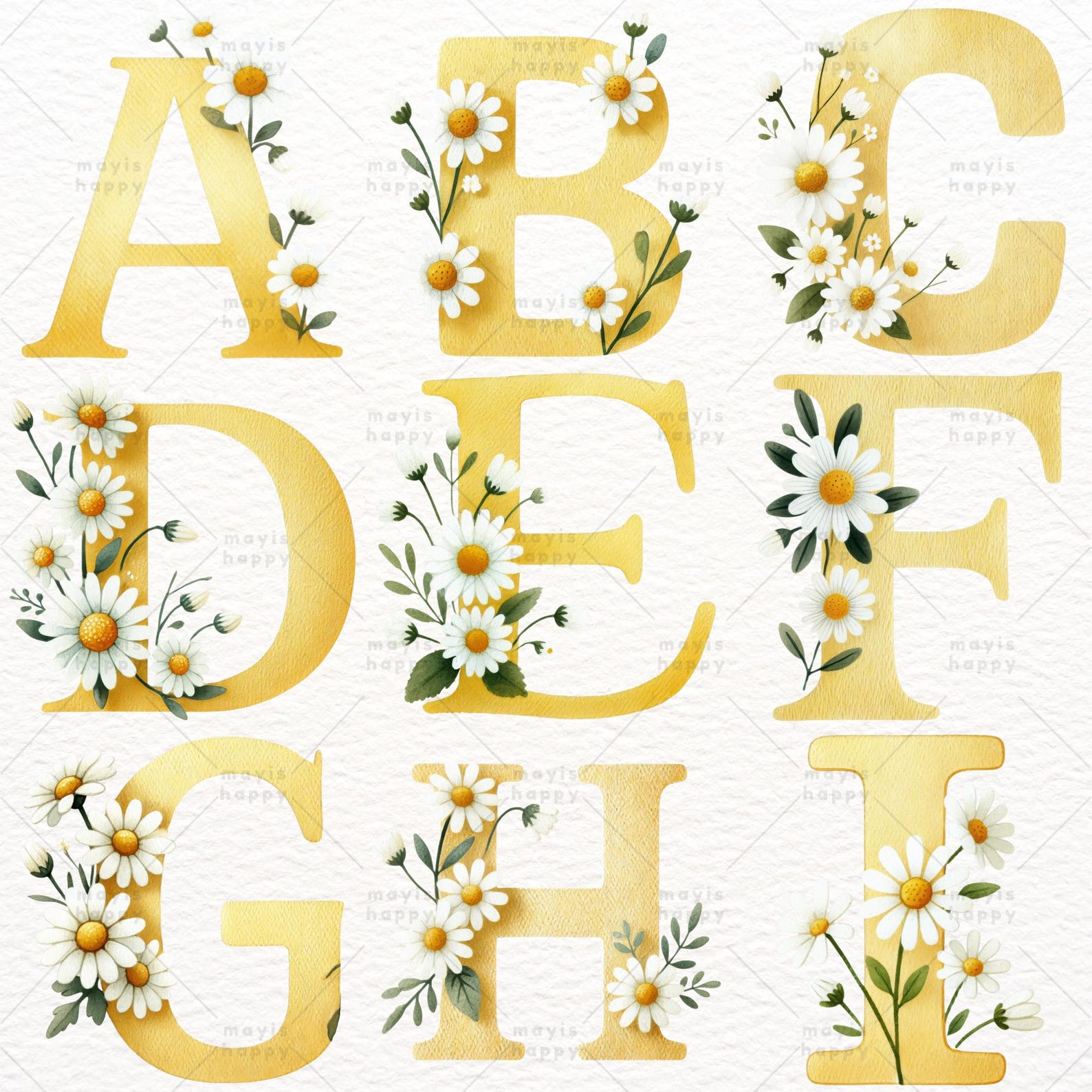 Daisy Flower Alphabet Clipart: Watercolor Doodle Font (digital Download ...