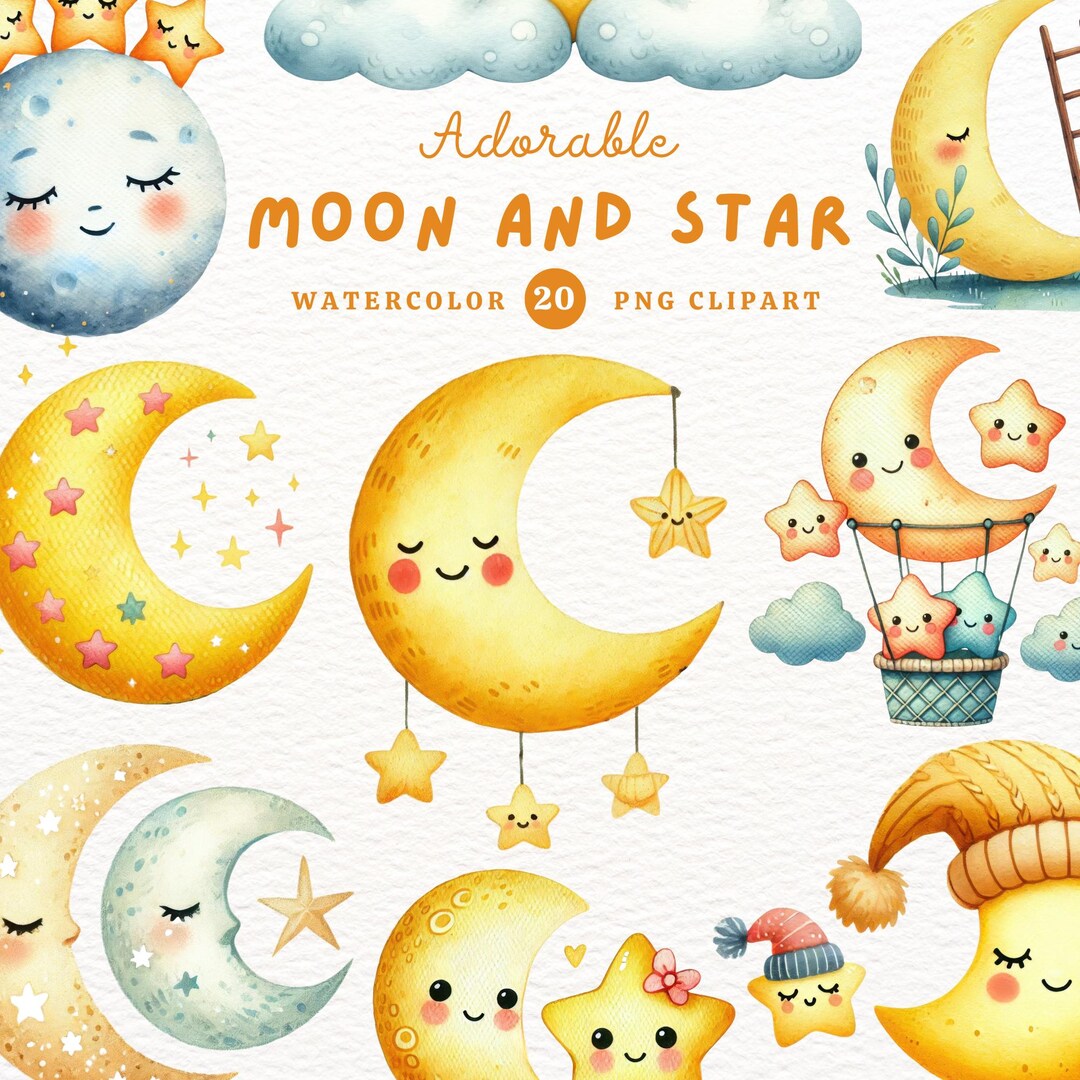 Adorable Moon and Star, Cute Moon Clipart, Cute Star Clipart, Moon Star ...