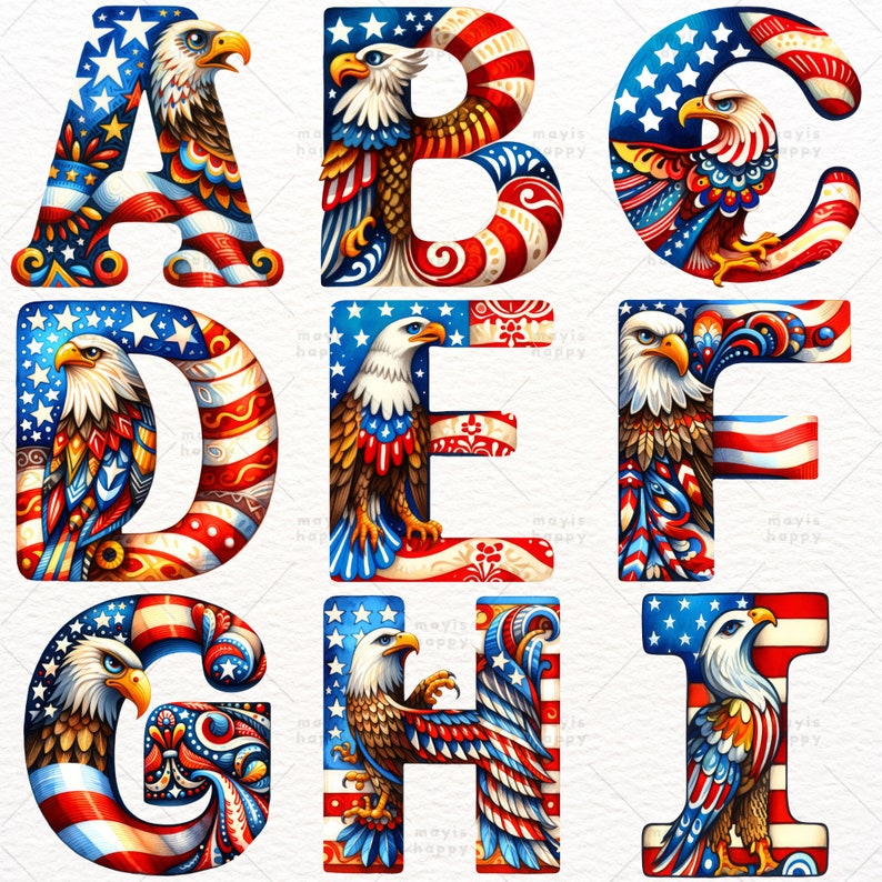 Patriotic Alphabet Clipart: Watercolor Doodle PNG (digital Download) - Etsy