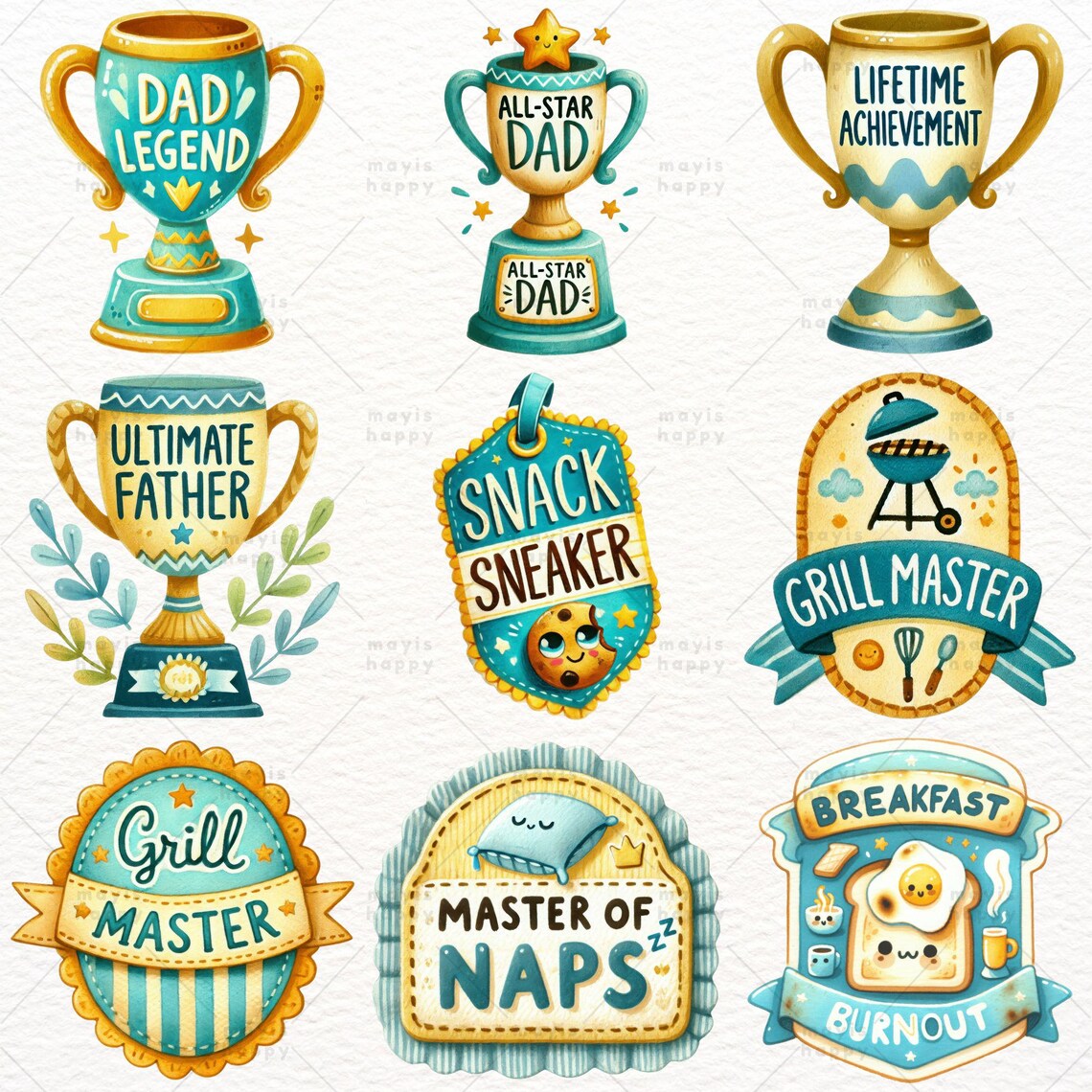 Dad Trophy Watercolor Clipart: Father's Day PNG Bundle (34 Files) - Etsy