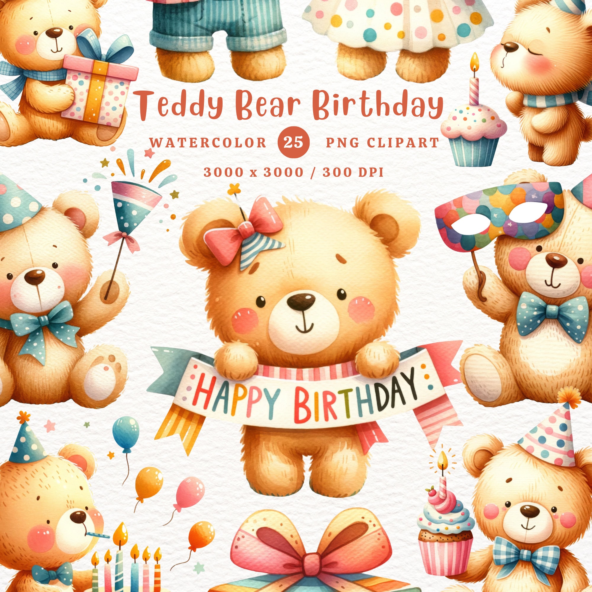 Teddy Bear Birthday Watercolor Clipart: 25 PNG Images (digital Download ...