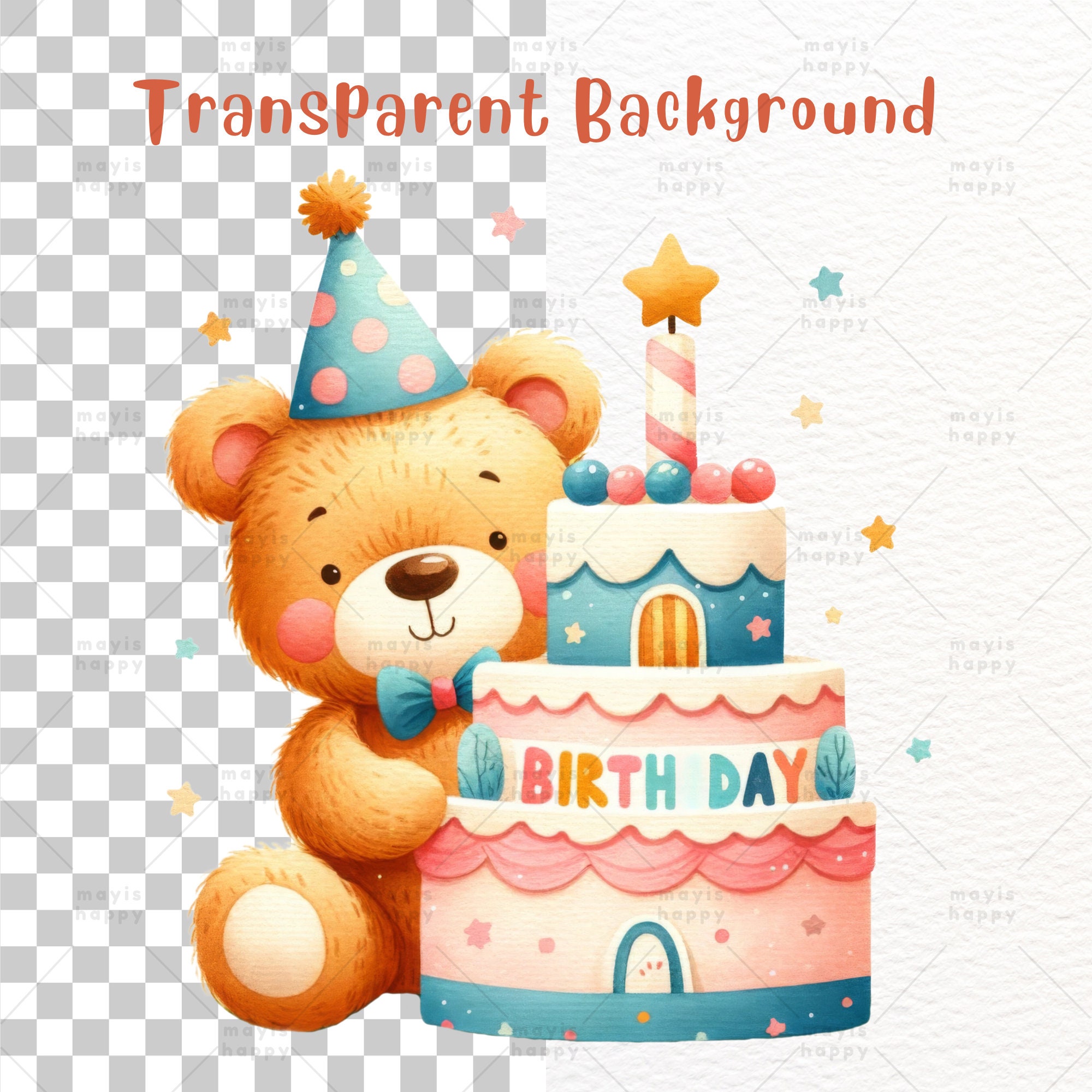 Teddy Bear Birthday Watercolor Clipart: 25 PNG Images (digital Download ...