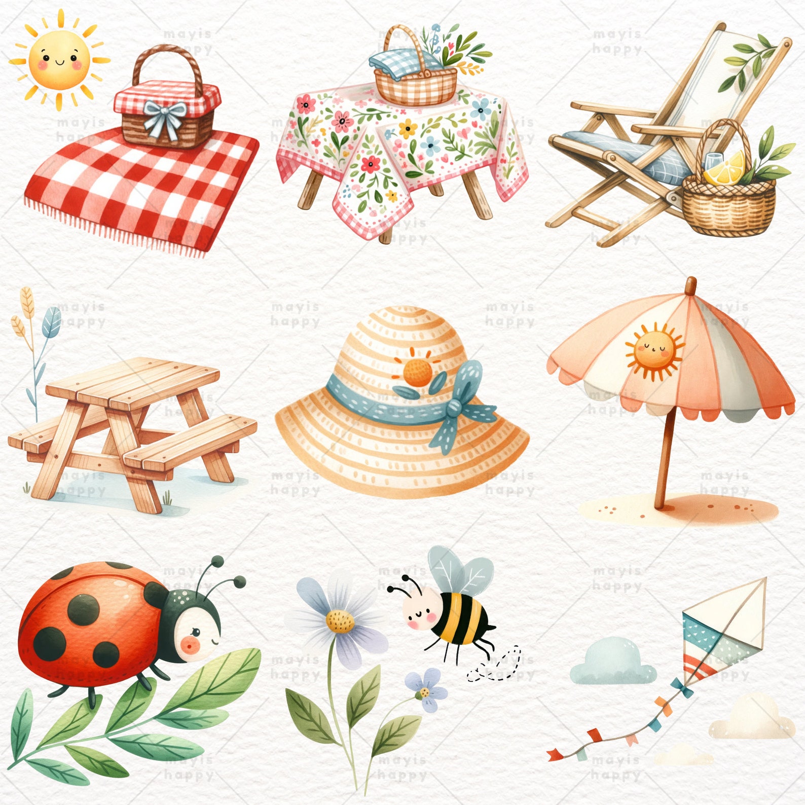 Summer Picnic Clipart: Watercolor PNG Bundle (40 Files) - Etsy