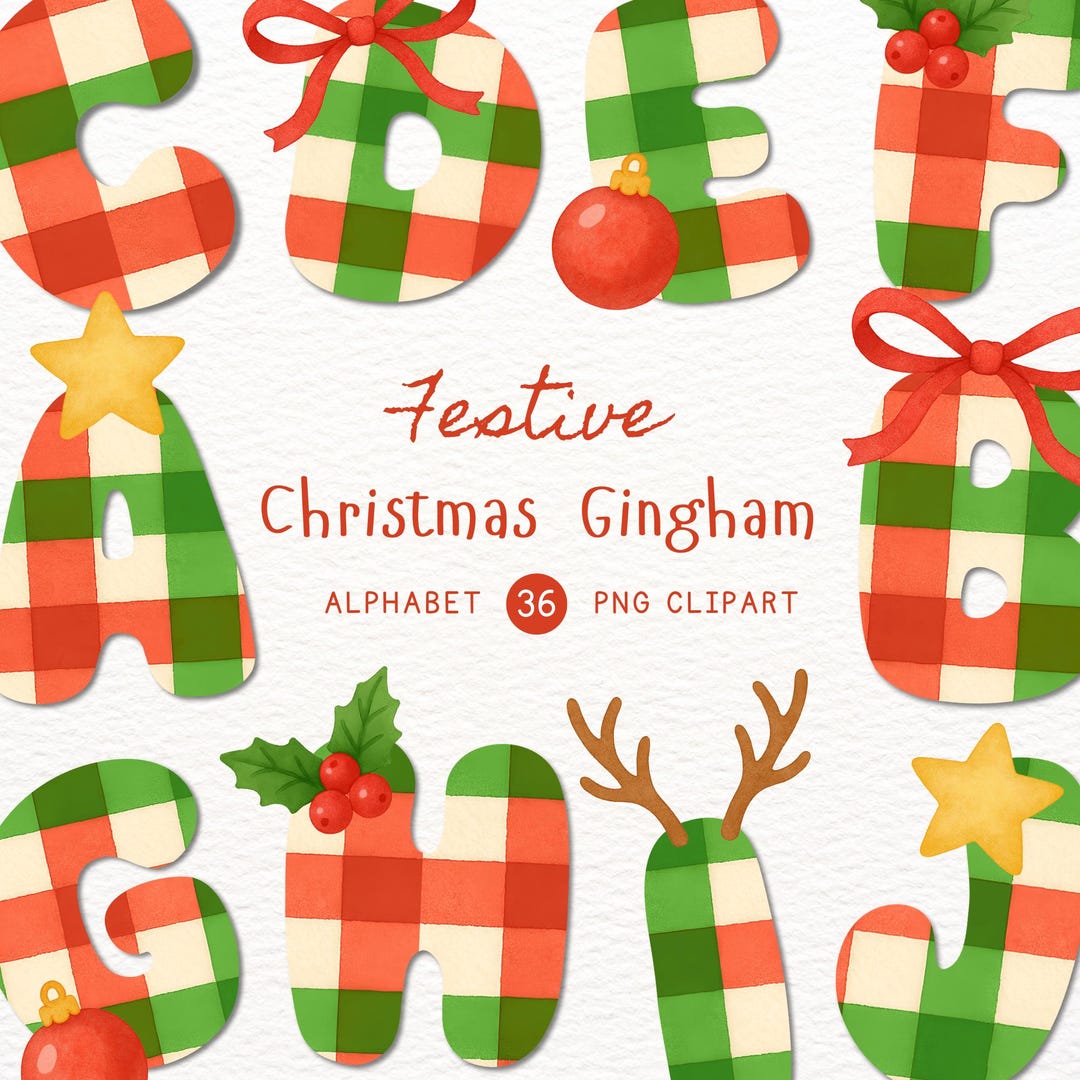 Christmas Gingham Alphabet Clipart: Festive Watercolor Letter PNG - Etsy