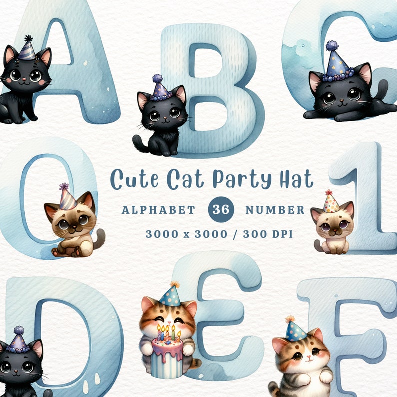 New Year Alphabet Clipart, Cute Cat Alphabet Clipart, New Year Party ...