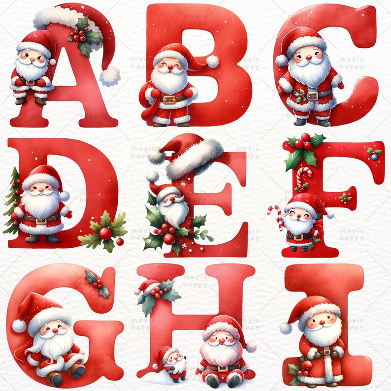 Santa Claus Alphabet Clipart: Watercolor Doodle PNG (digital Download ...