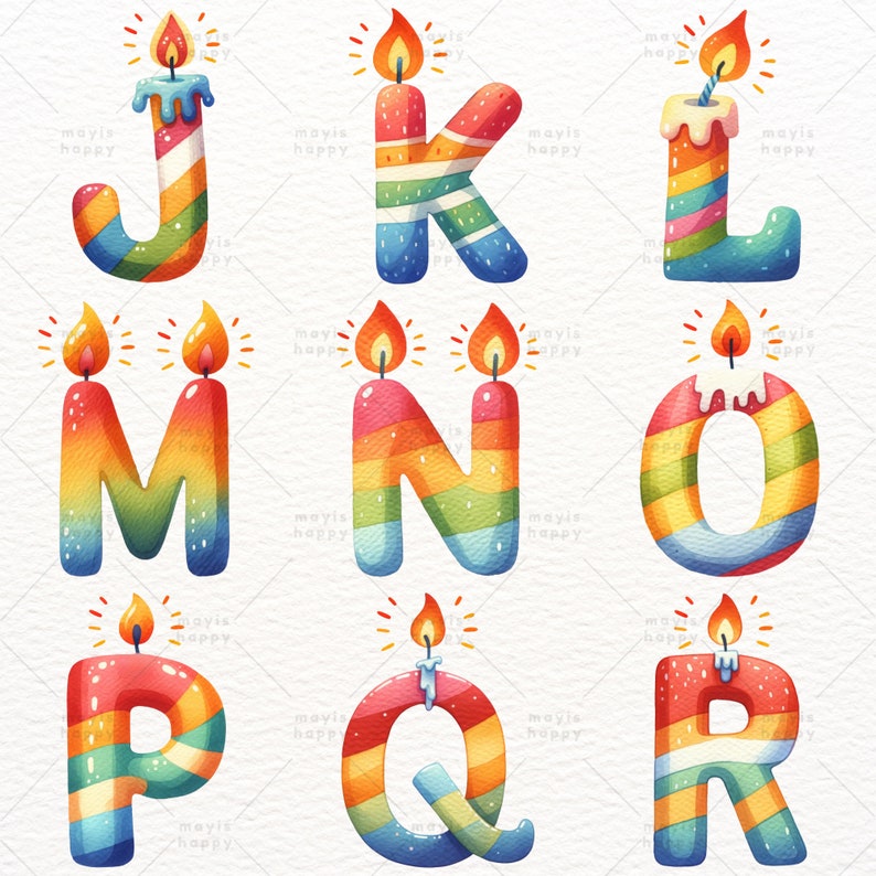 Watercolor Birthday Candle Alphabet Clipart: Transparent PNG (digital ...