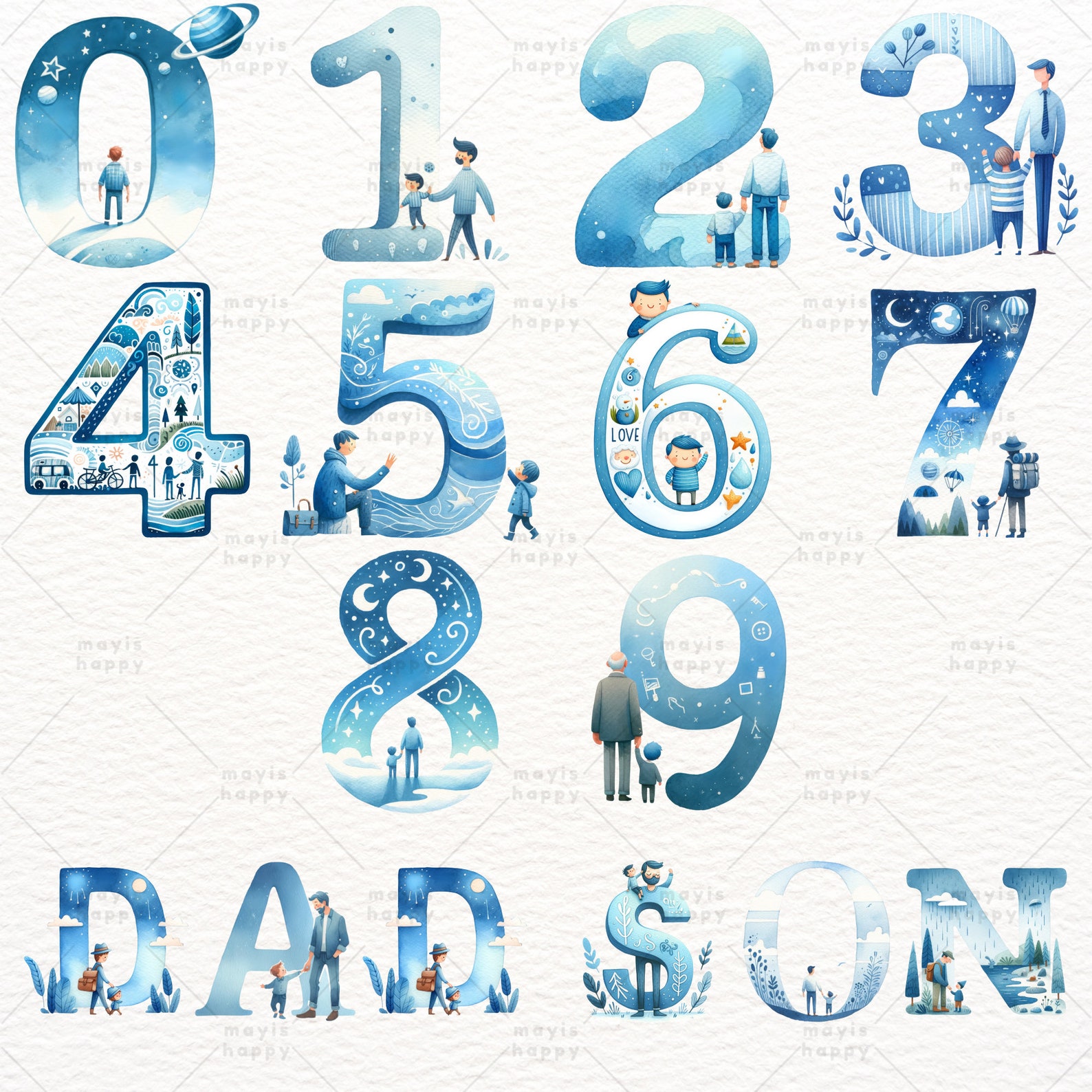 Dad and Son Watercolor Alphabet Clipart: Transparent PNG (digital ...