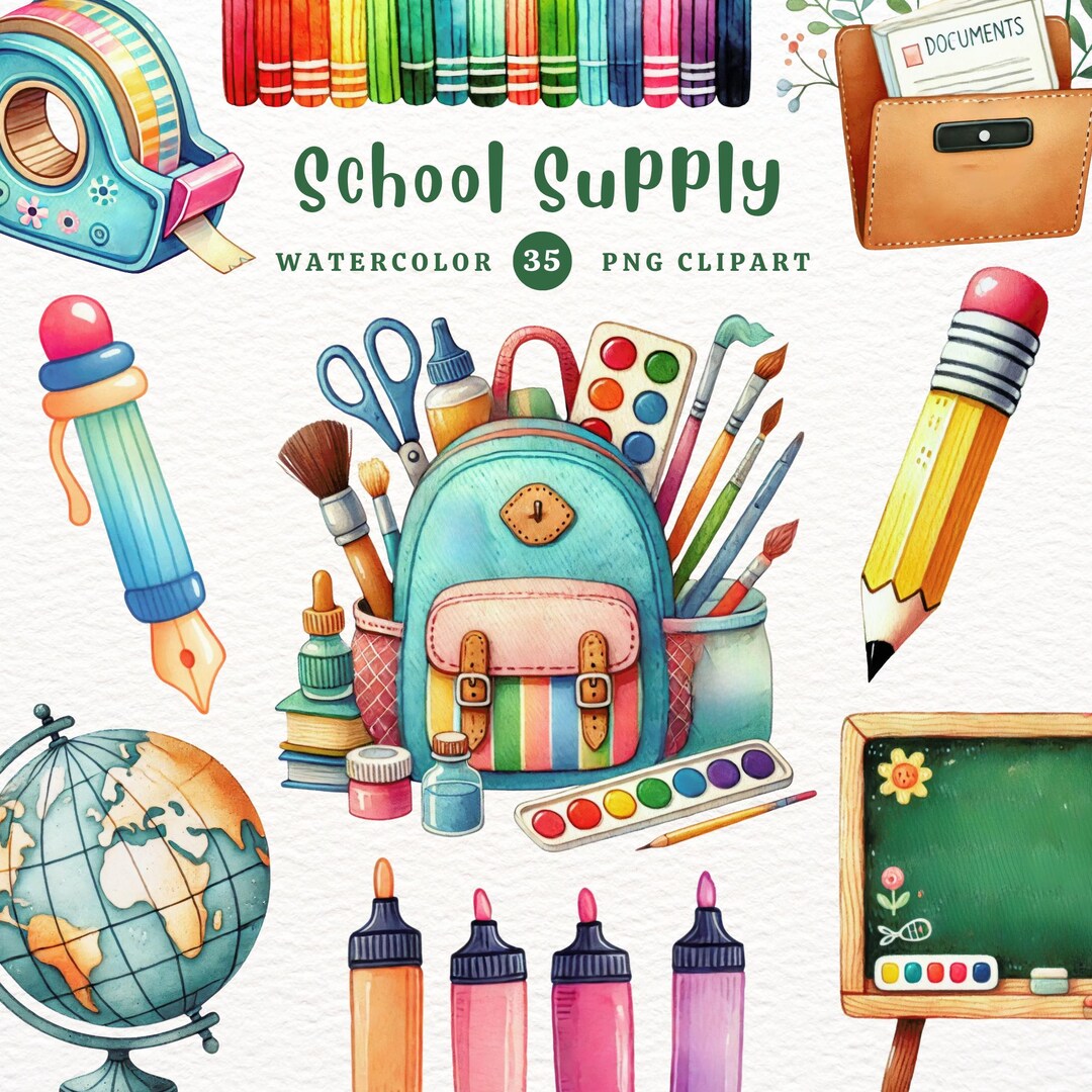 Watercolor School Supply Clipart: 35 PNG Designs (digital Download) - Etsy