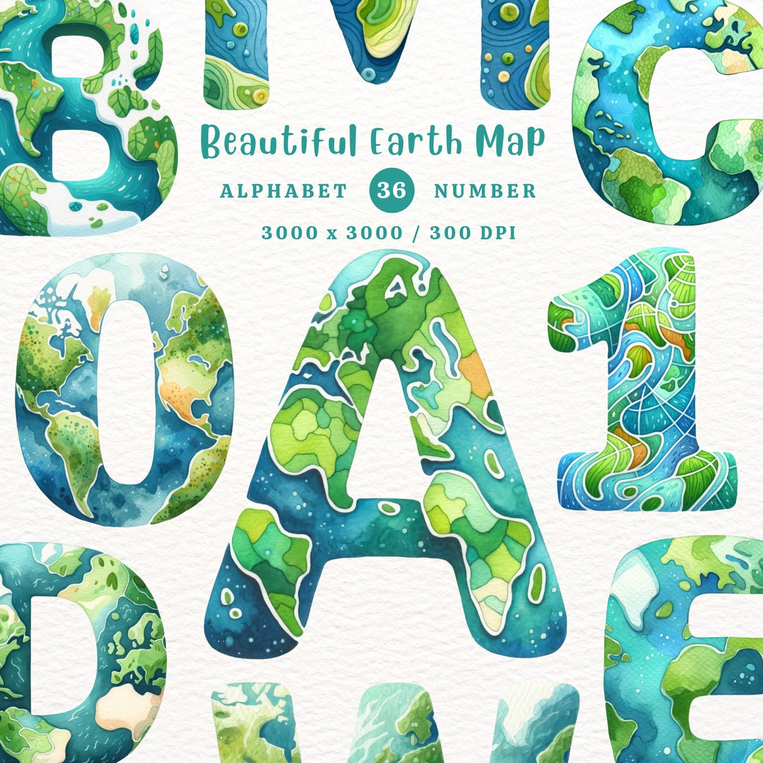 Earth Map Alphabet, Earth Clipart, Planet PNG, Earth Pattern, Alphabet ...