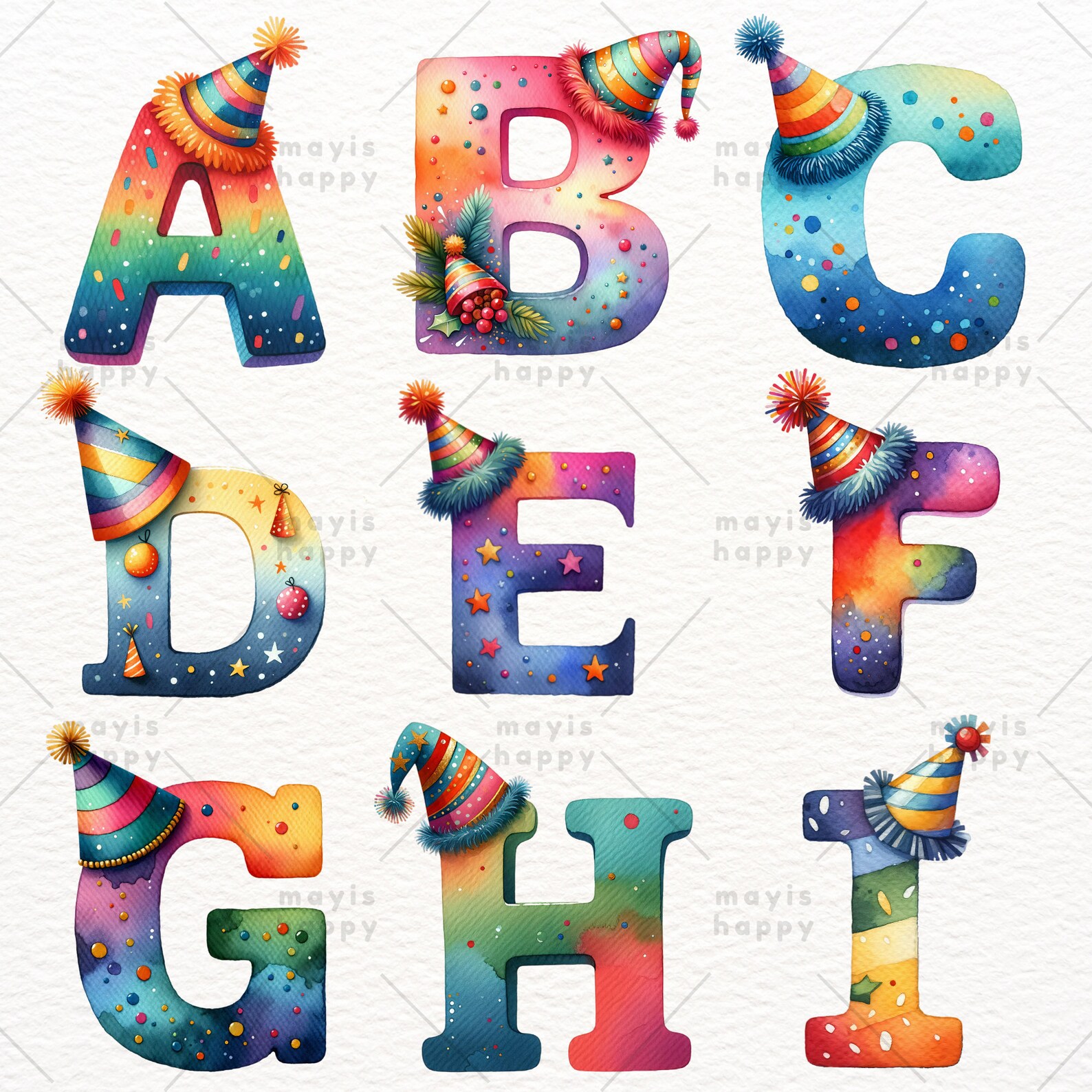 New Year Alphabet Clipart, Party Hat Alphabet Clipart, New Year Party ...