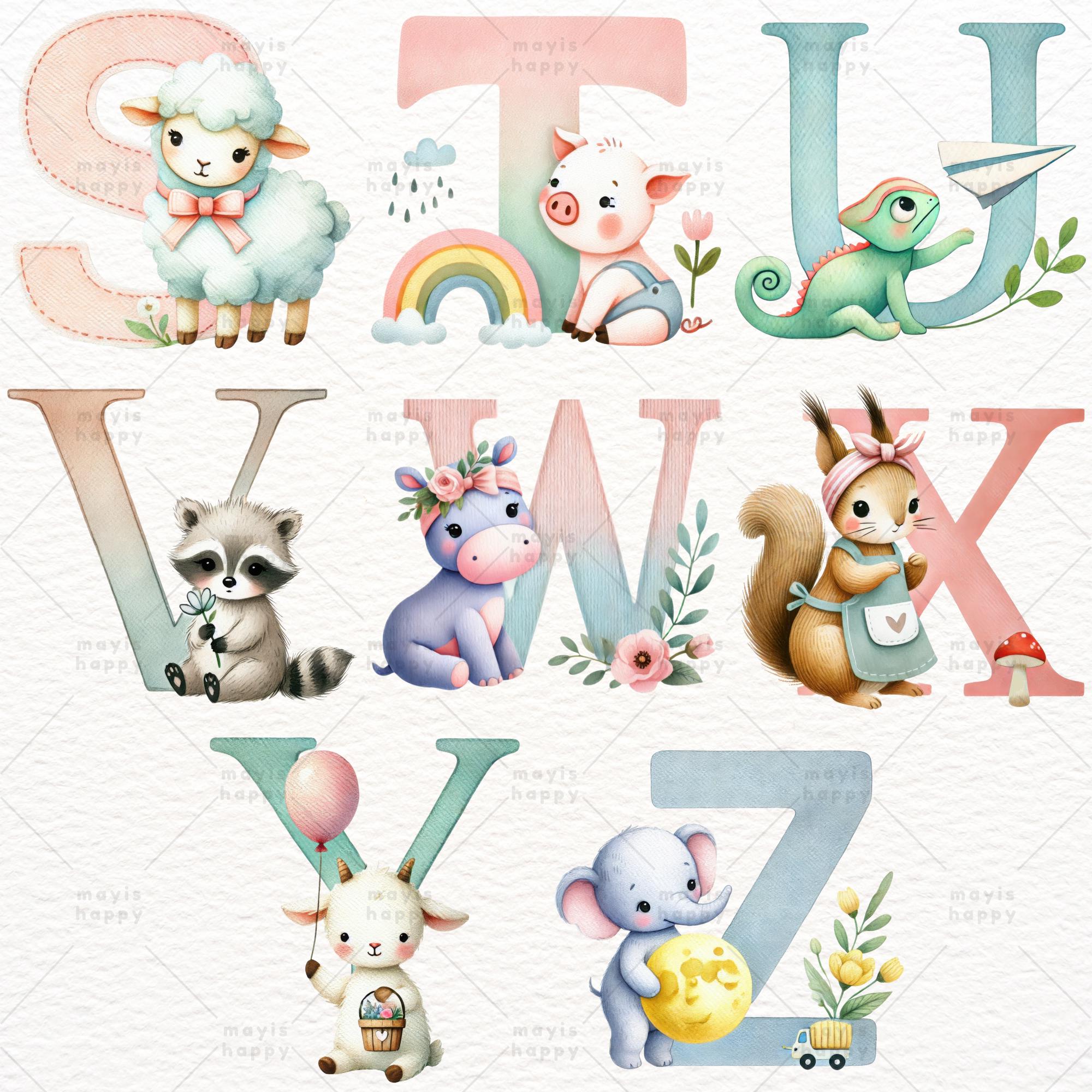 Baby Animals Alphabet Clipart: Watercolor Doodle Font (digital Download ...