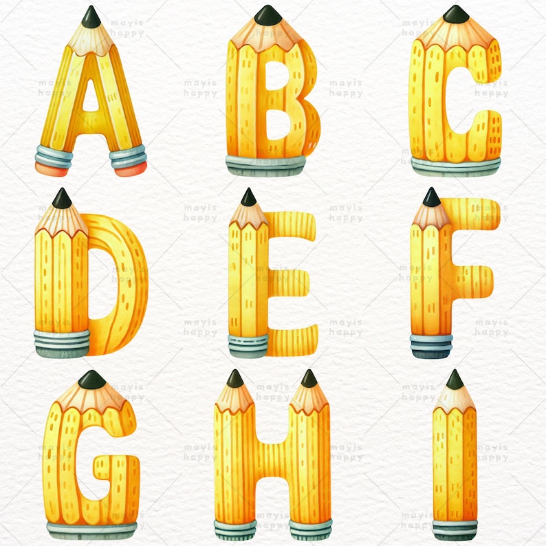 Yellow Pencil Alphabet, Pencil Clipart, Stationery Clipart, Alphabet ...