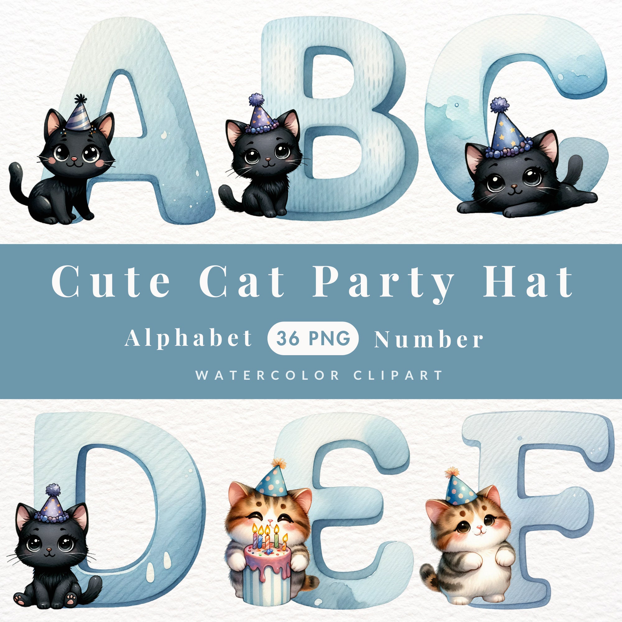New Year Alphabet Clipart, Cute Cat Alphabet Clipart, New Year Party ...