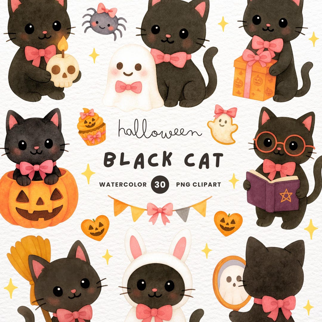 Halloween Black Cat Clipart, Black Cat Clipart, Cute Cat PNG, Halloween ...