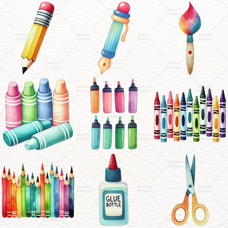 Watercolor School Supply Clipart: 35 PNG Designs (digital Download) - Etsy