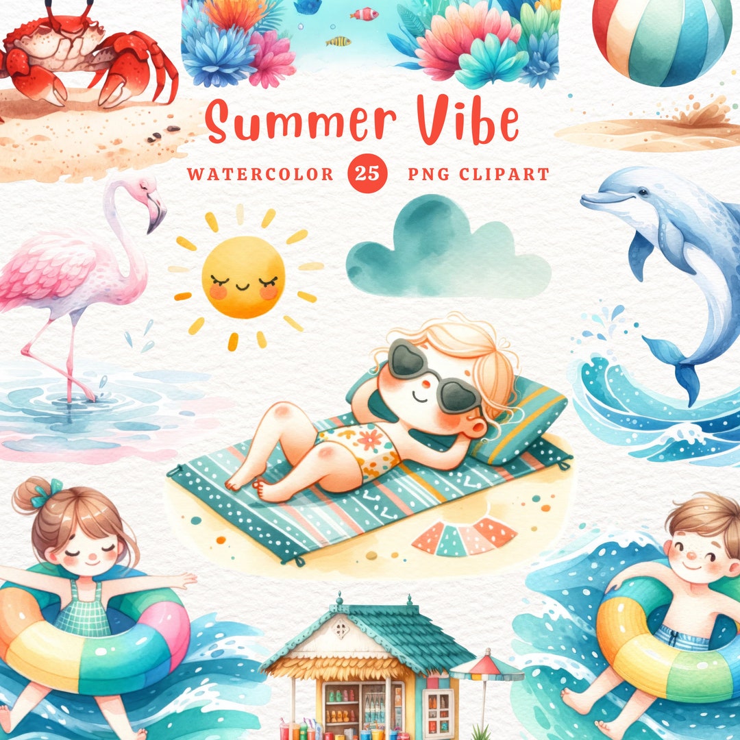 Watercolor Summer Clipart: Beach Vibe PNG Bundle (25 Files) - Etsy