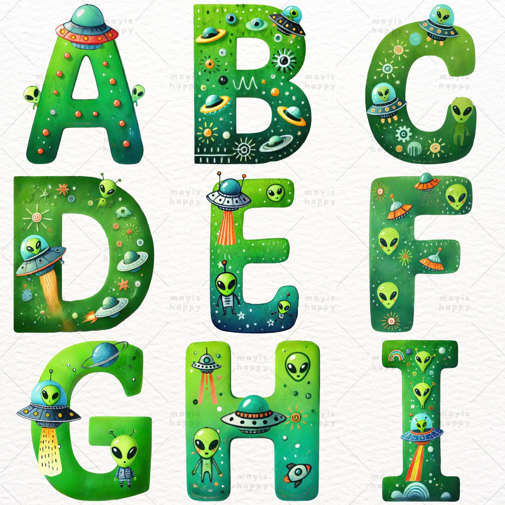 Alien Alphabet Clipart: Watercolor Doodle Font (PNG Digital Download ...