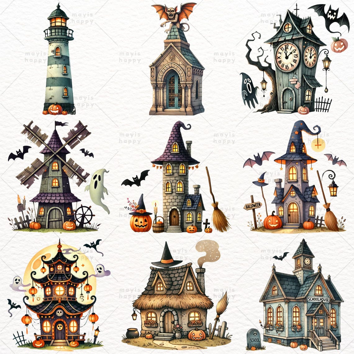 Haunted House Watercolor Clipart: Halloween PNG Bundle (3000x3000px) - Etsy