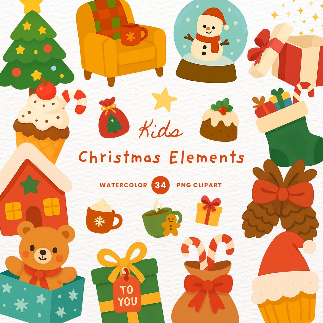 Christmas Elements Clipart: Festive Holiday Kids Illustration PNG - Etsy