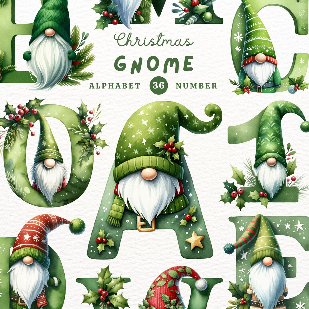 Christmas Gnome Alphabet Clipart: Watercolor Doodle PNG (digital ...