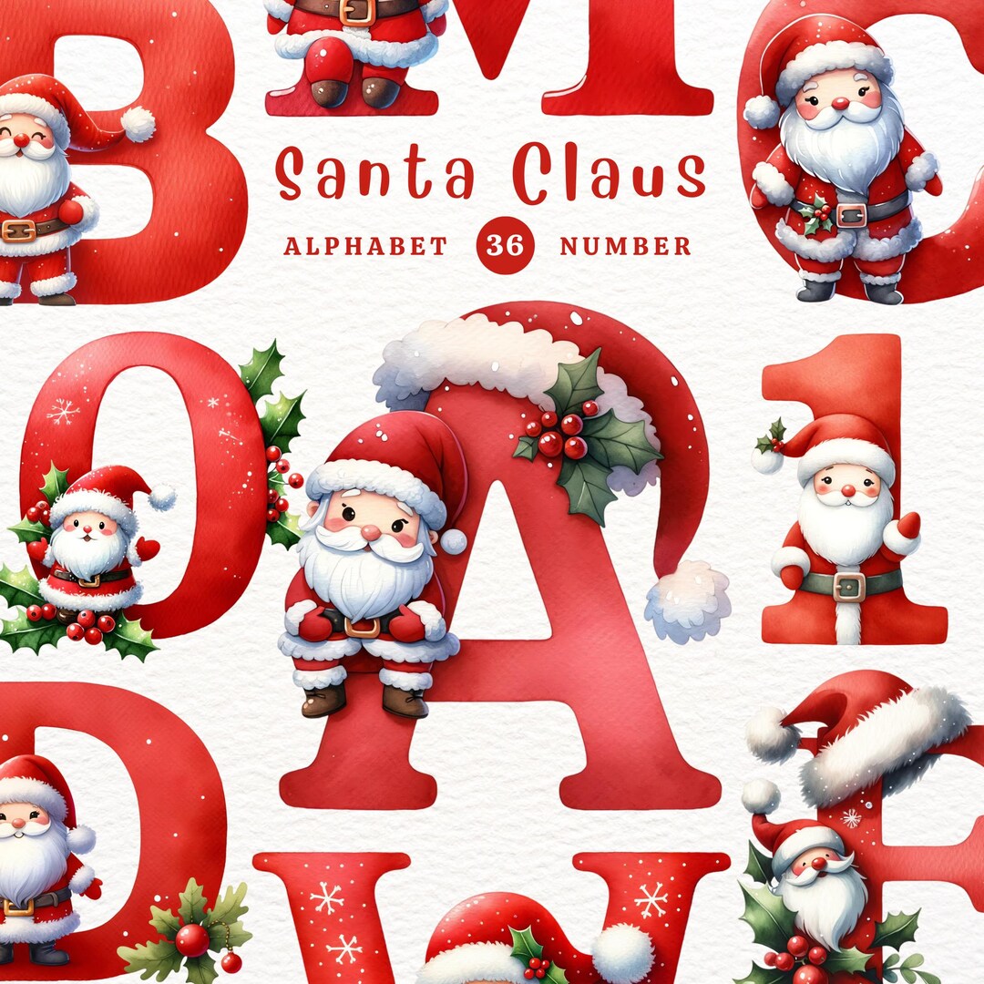 Santa Claus Alphabet Clipart: Watercolor Doodle PNG (digital Download ...