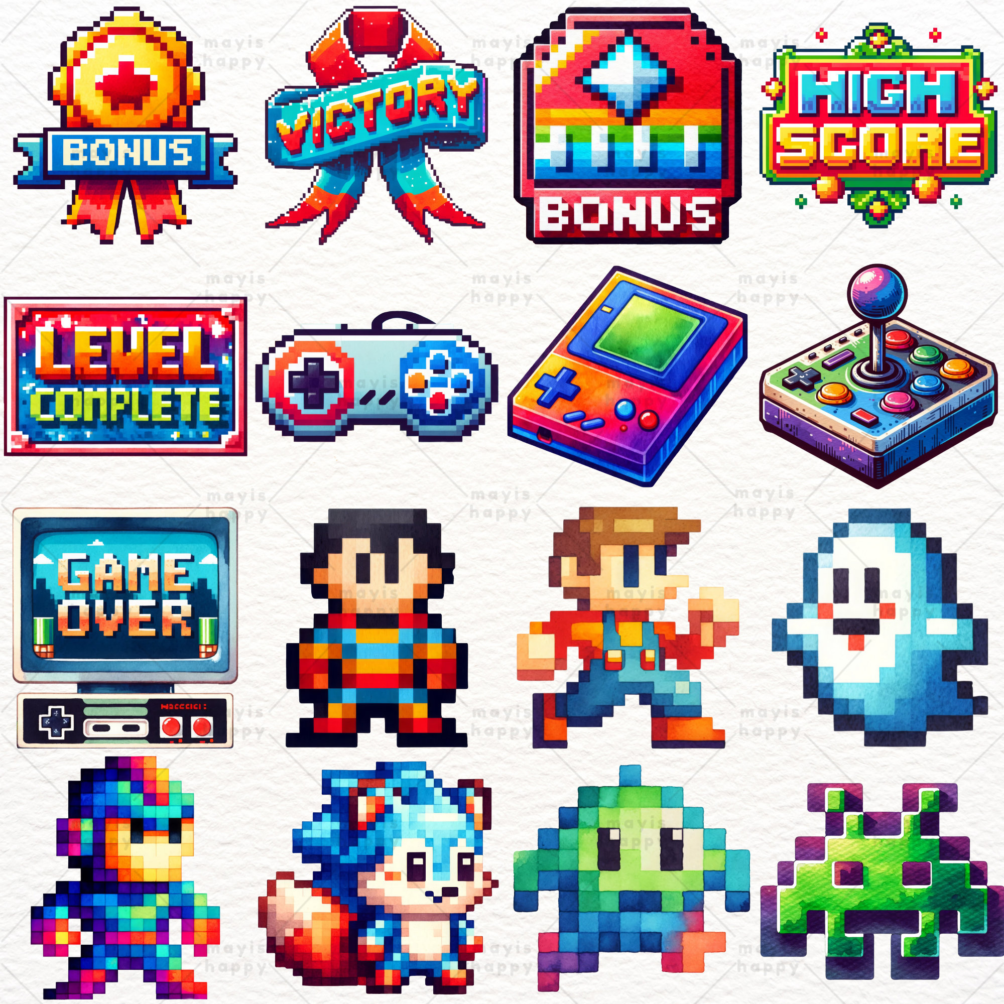 8-bit Video Game Clipart: Watercolor PNG Digital Download - Etsy