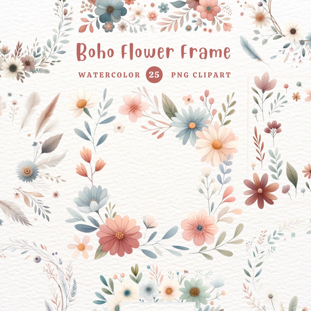 Boho Flower Frame Clipart: Watercolor PNG Bundle (digital Download) - Etsy