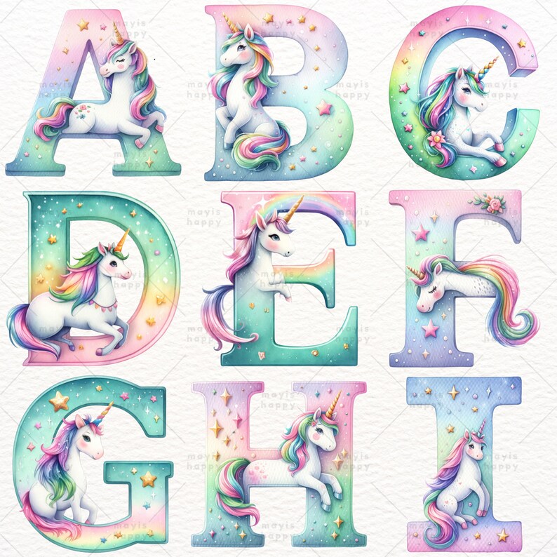Pastel Unicorn Alphabet, Unicorn Clipart, Unicorn PNG, Kid Craft ...