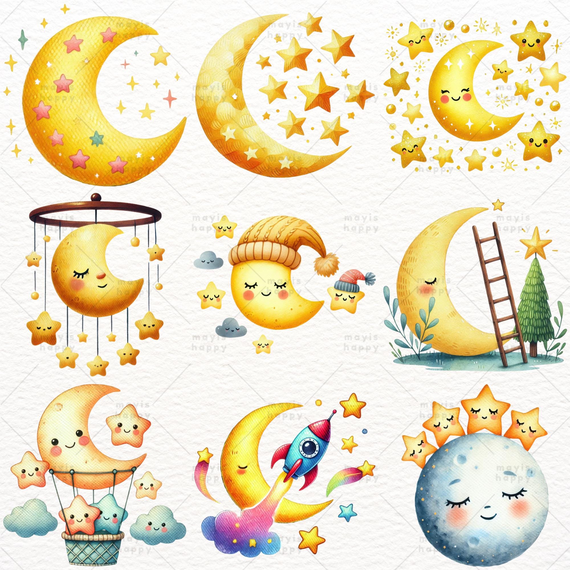 Adorable Moon and Star, Cute Moon Clipart, Cute Star Clipart, Moon Star ...