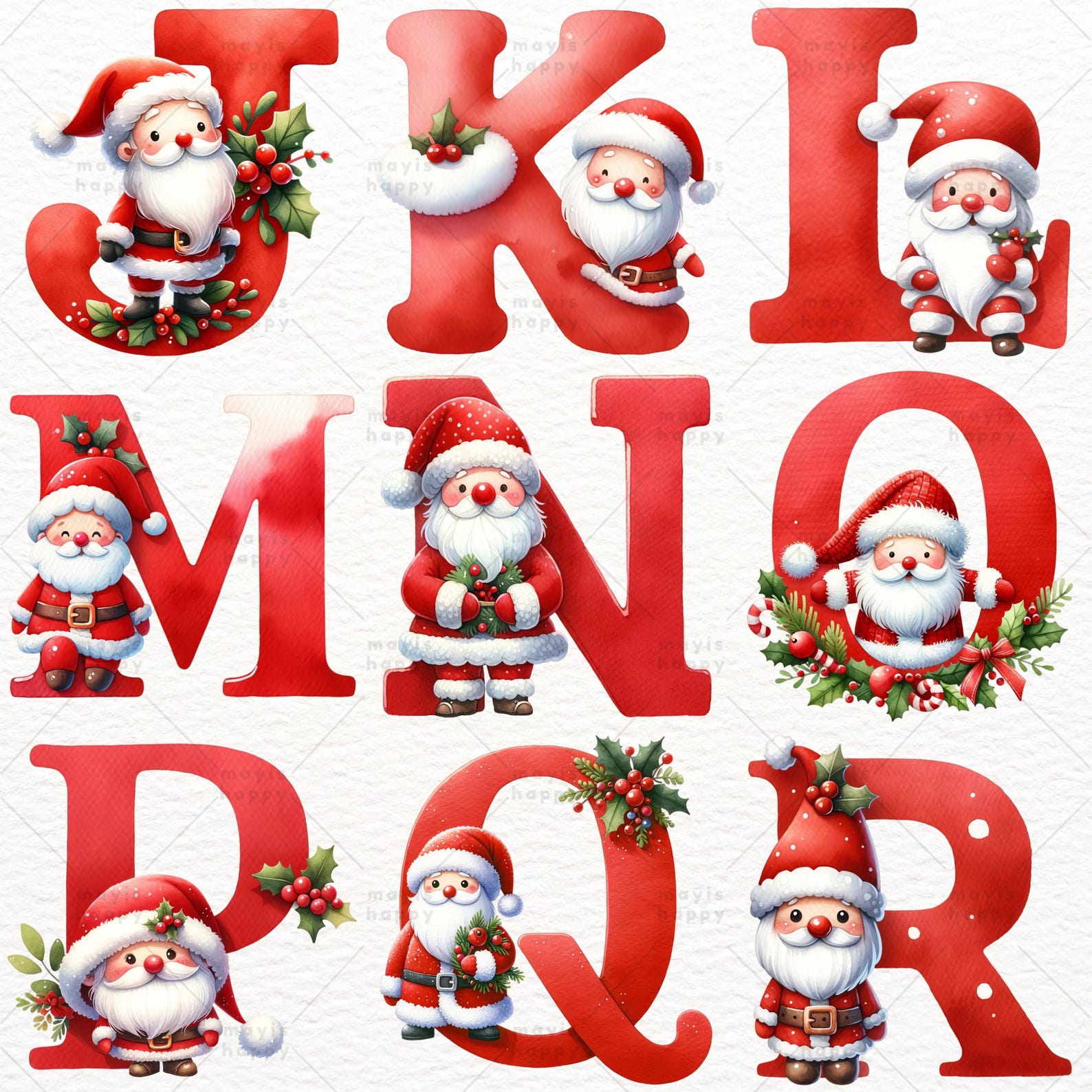 Santa Claus Alphabet Clipart: Watercolor Doodle PNG (digital Download ...