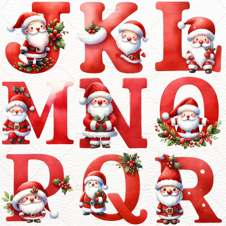 Santa Claus Alphabet Clipart: Watercolor Doodle PNG (digital Download ...