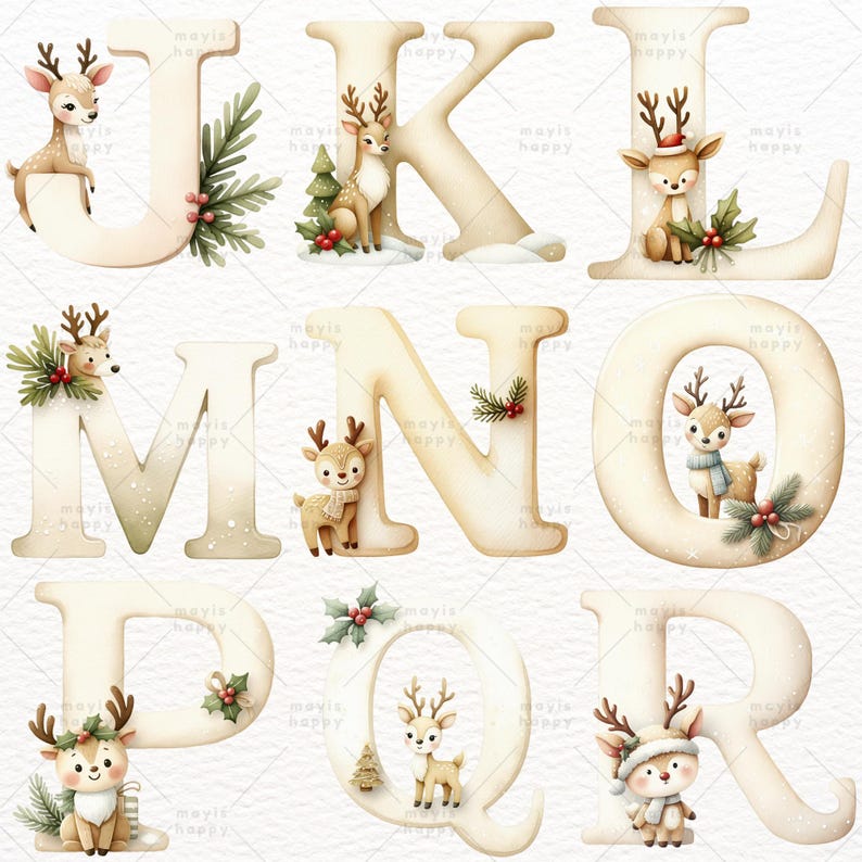 Christmas Reindeer Alphabet Clipart: Watercolor Doodle PNG (digital ...