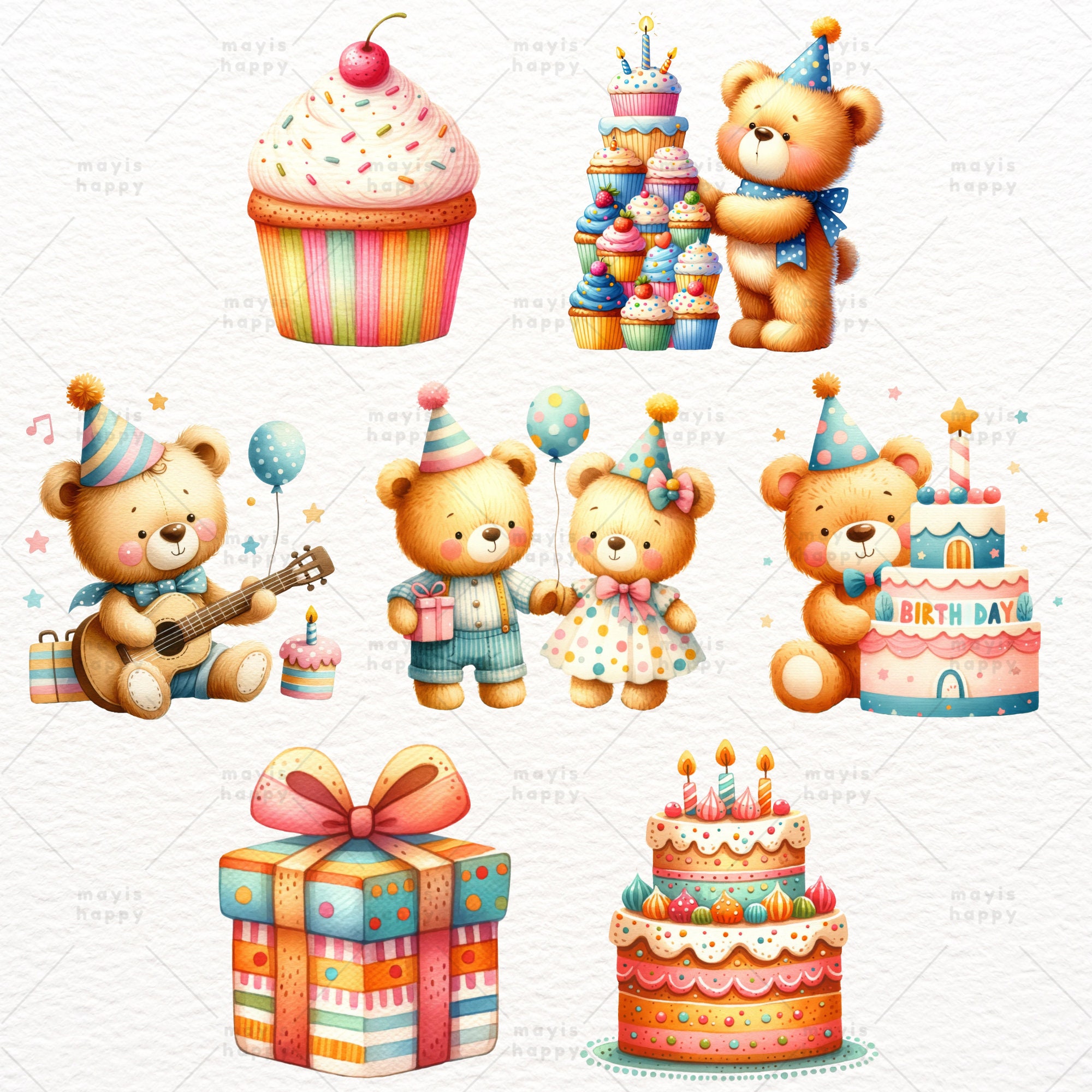 Teddy Bear Birthday Watercolor Clipart: 25 PNG Images (digital Download ...