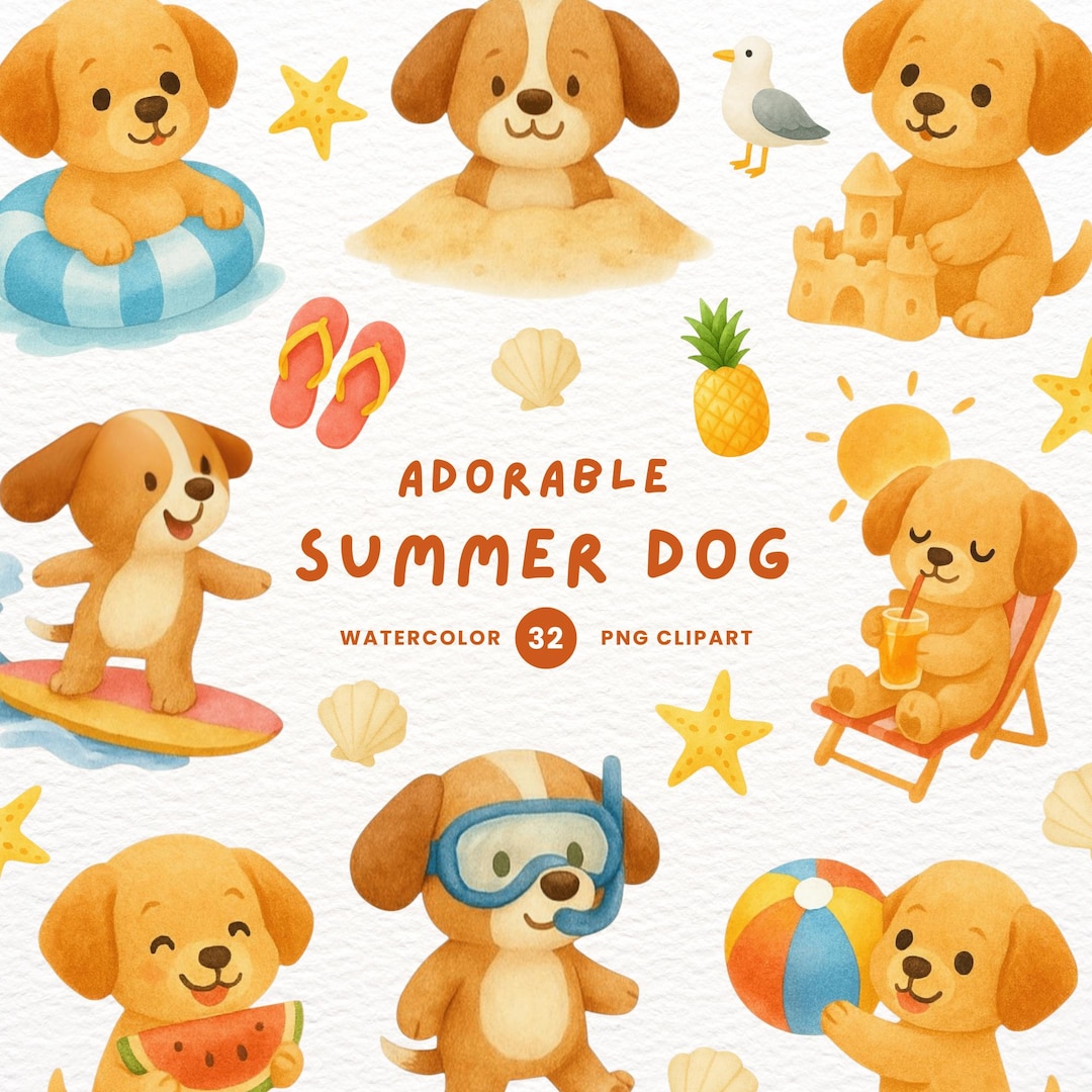 Watercolor Summer Dog Clipart: 32 Pngs, Beach Theme (digital Download ...
