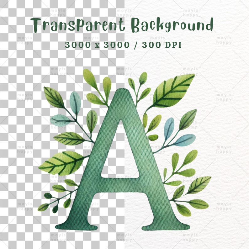 Greenery Alphabet Clipart: Watercolor Leaves PNG (digital Download) - Etsy
