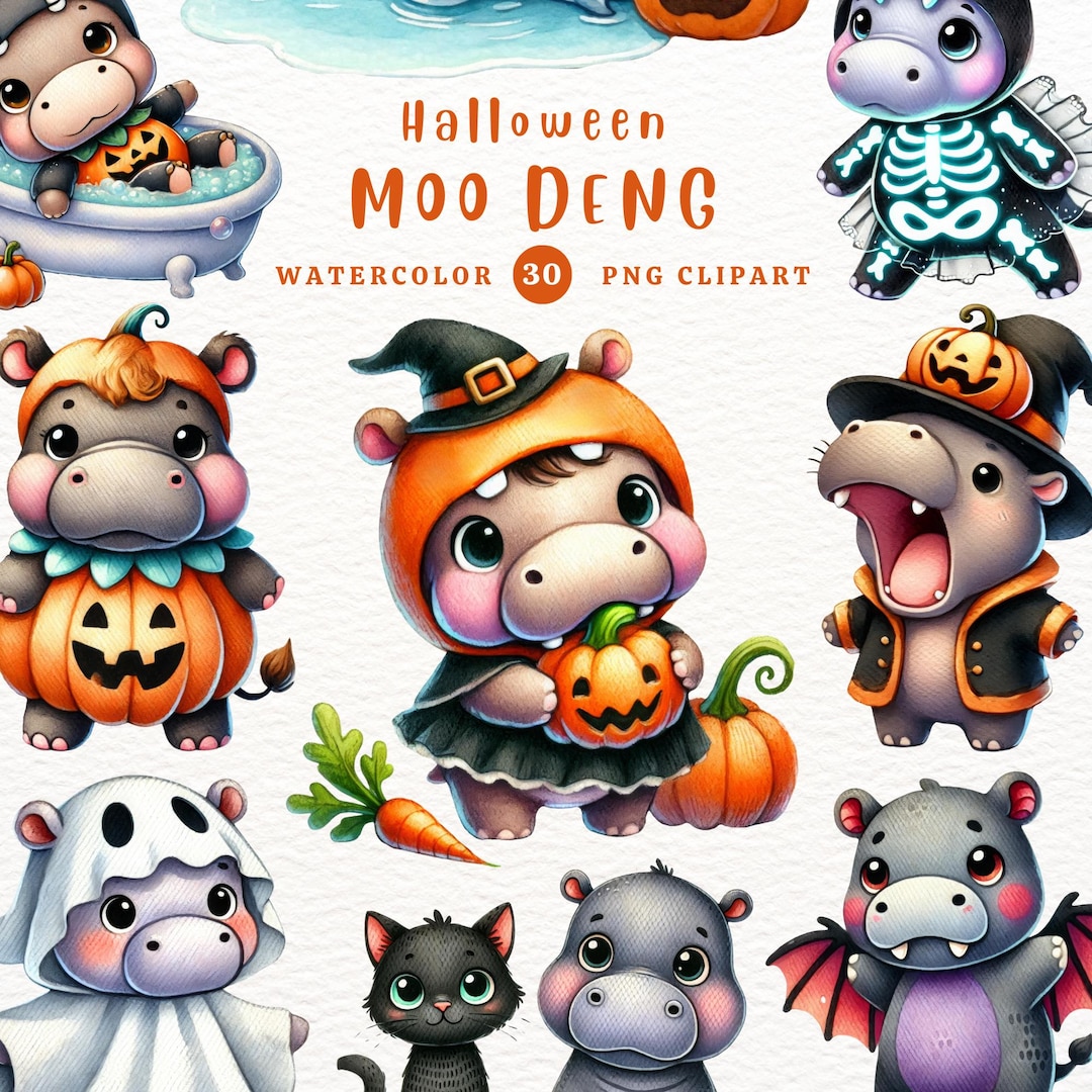 Moo Deng in Halloween Clipart, Pygmy Hippo, Hippopotamus PNG, Halloween ...