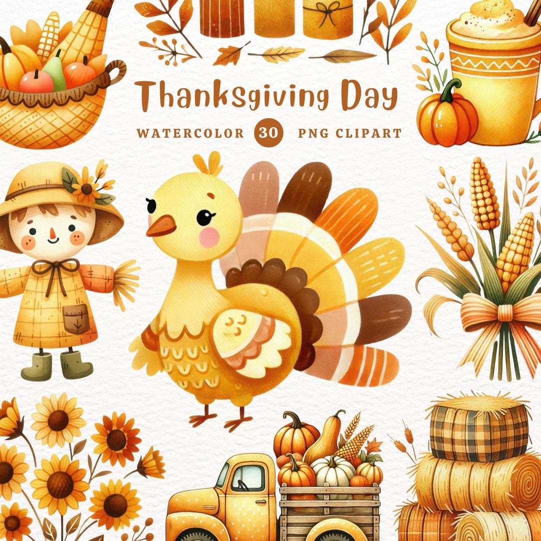 Thanksgiving Turkey Watercolor Clipart: Fall Autumn PNG (digital ...