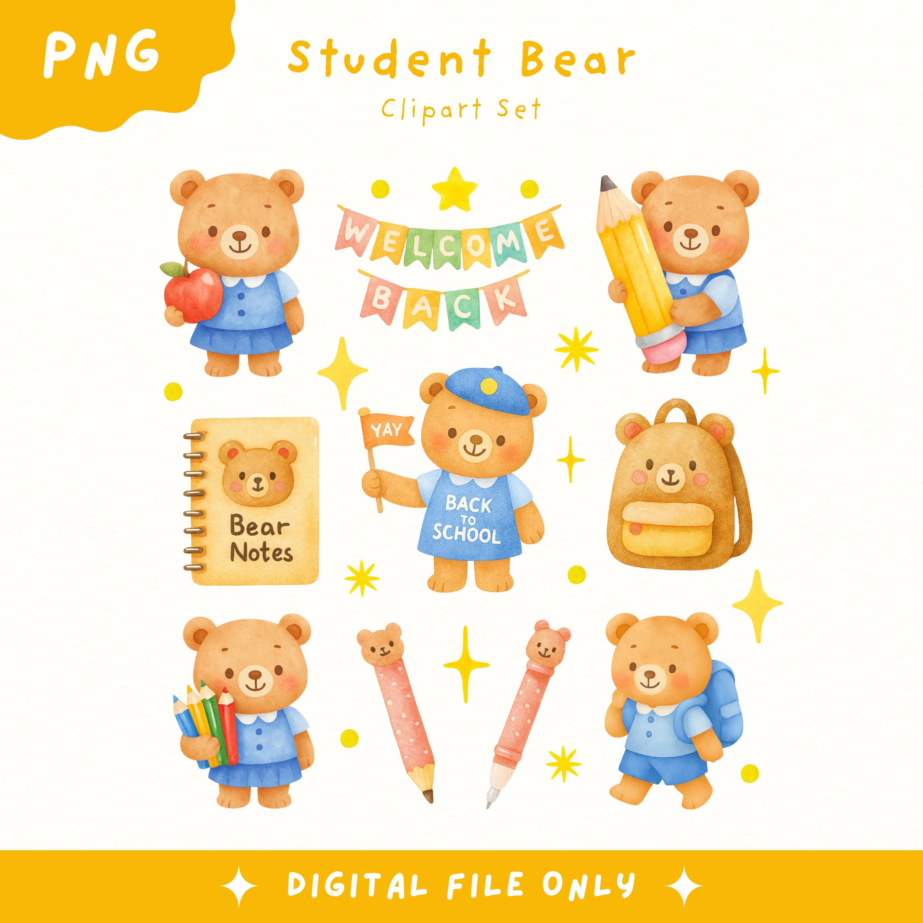 Student Bear Watercolor Clipart Set: Back to School PNG - Etsy