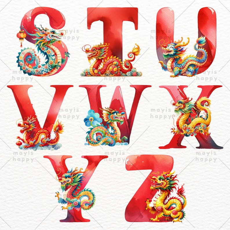 Chinese Dragon Alphabet Clipart: New Year Doodle PNG (digital Download ...