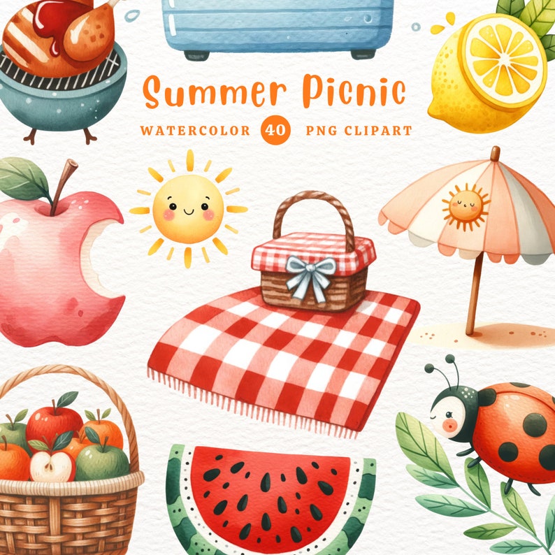 Summer Picnic Clipart: Watercolor PNG Bundle (40 Files) - Etsy