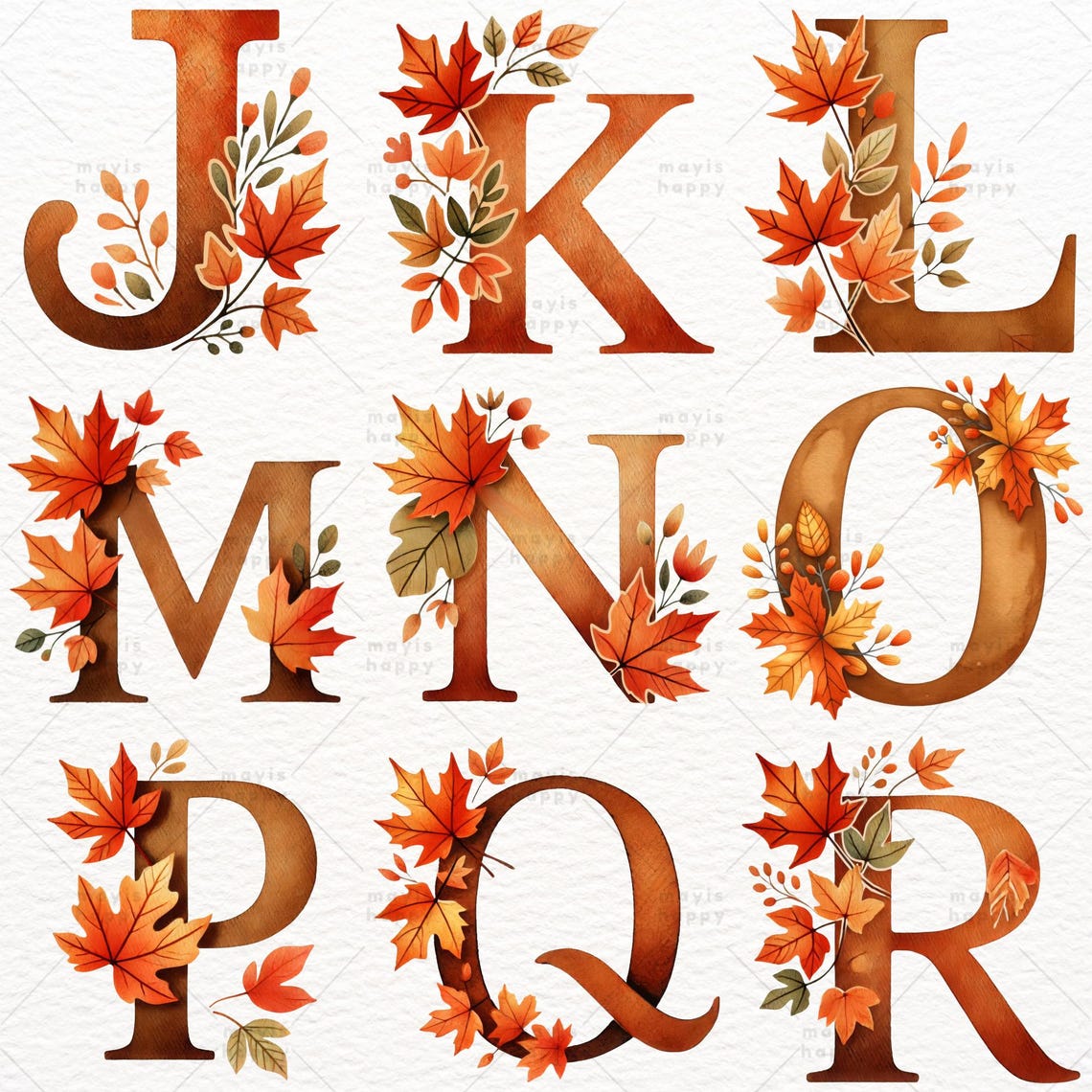 Watercolor Autumn Maple Alphabet Clipart: Transparent PNG (digital ...