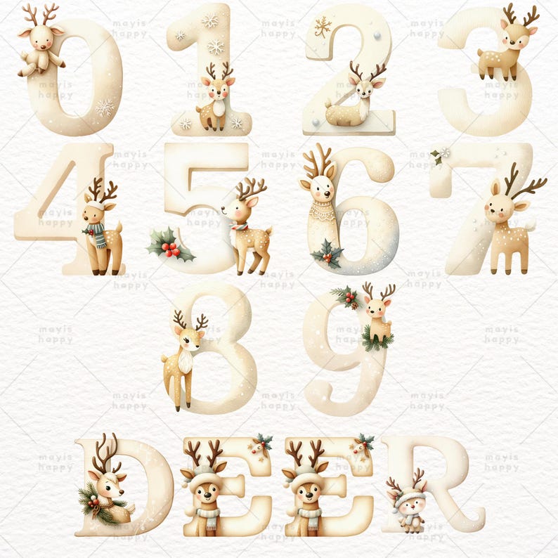 Christmas Reindeer Alphabet Clipart: Watercolor Doodle PNG (digital ...