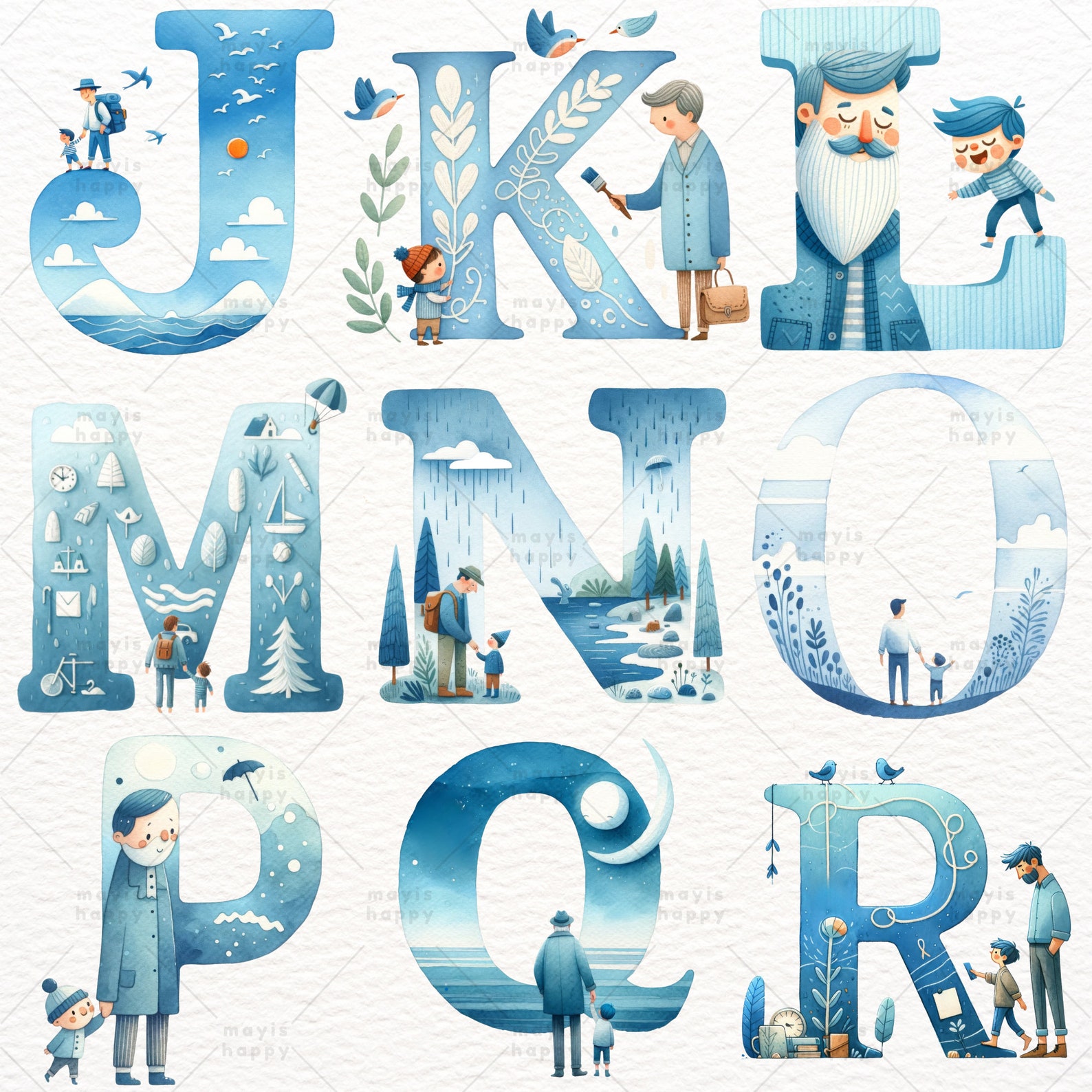 Dad and Son Watercolor Alphabet Clipart: Transparent PNG (digital ...