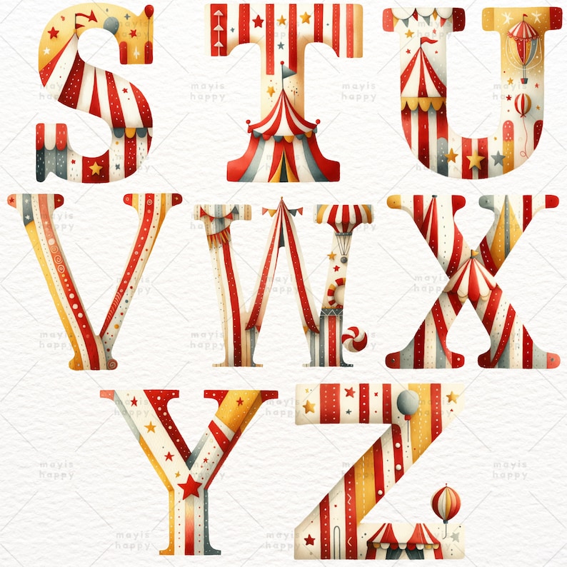 Circus Alphabet Clipart: Watercolor Doodle Font (PNG Digital Download ...