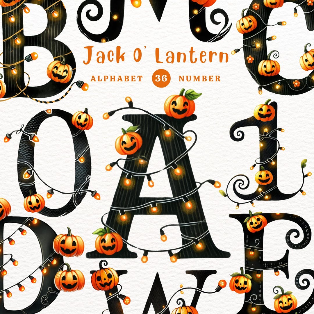 Jack O' Lantern Alphabet Clipart: Halloween Watercolor PNG (digital ...